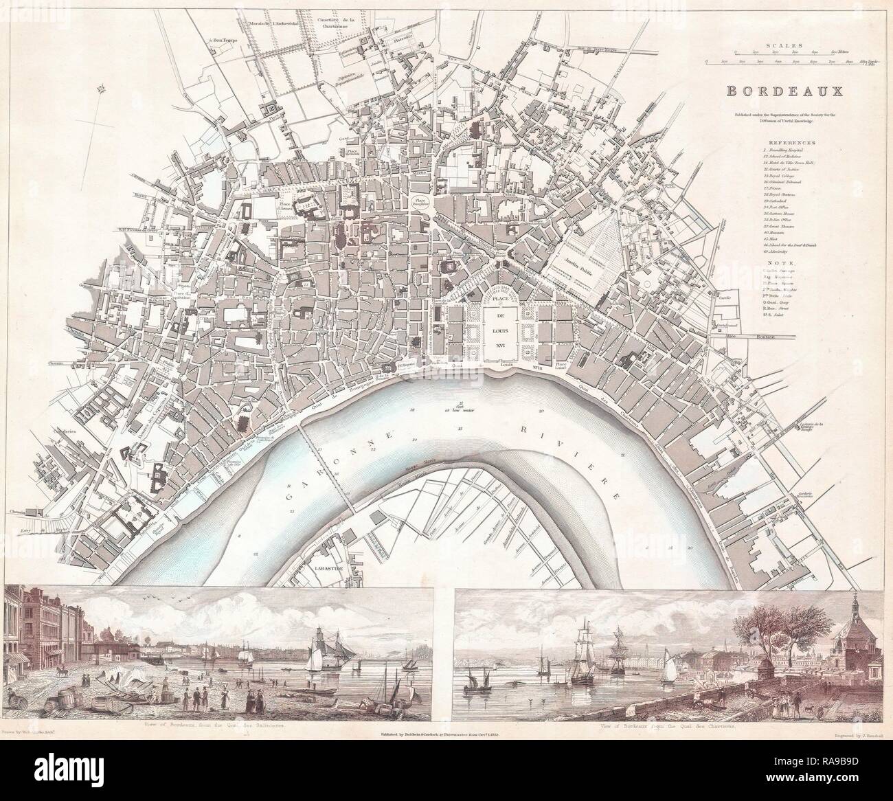 1832, S.D.U.K. Map of Bordeaux, France. Reimagined by Gibon. Classic ...