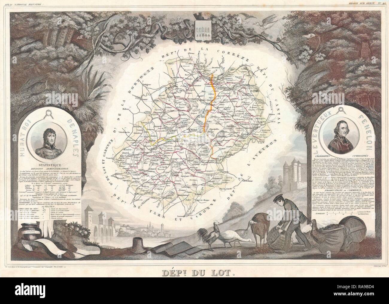 1847, Levasseur Map of the Dept. Du Lot, France. Reimagined by Gibon ...