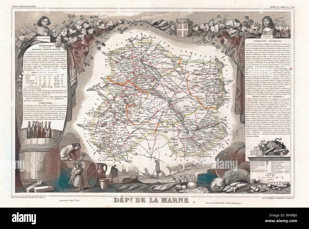 1852, Levasseur Map of the Department De La Marne, France, Champagne ...