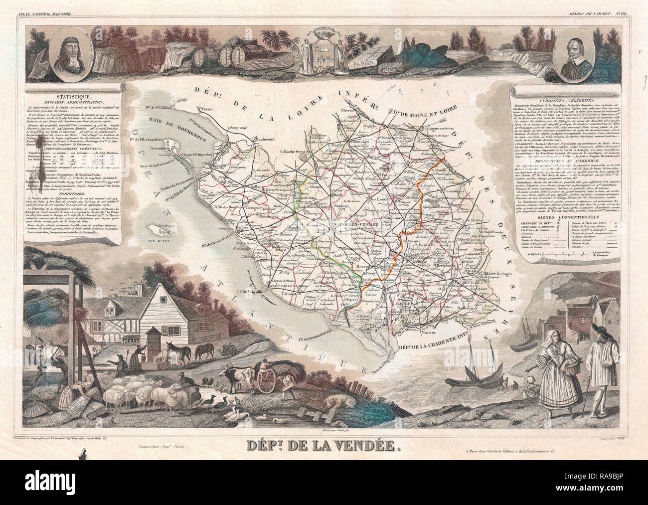 1852, Levasseur Map of the Department De La Vendee, France, Fiefs ...