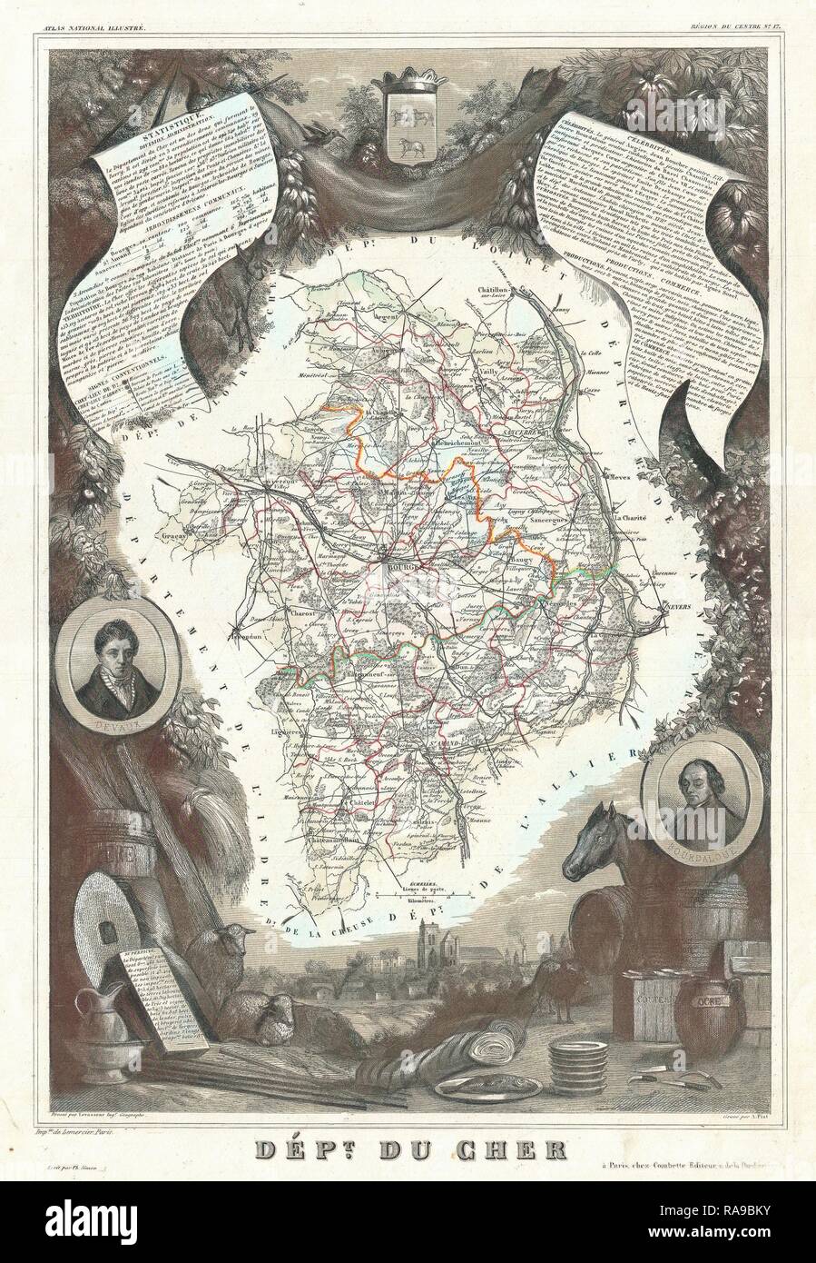 1852, Levasseur Map of the Department Du Cher, France. Reimagined by ...