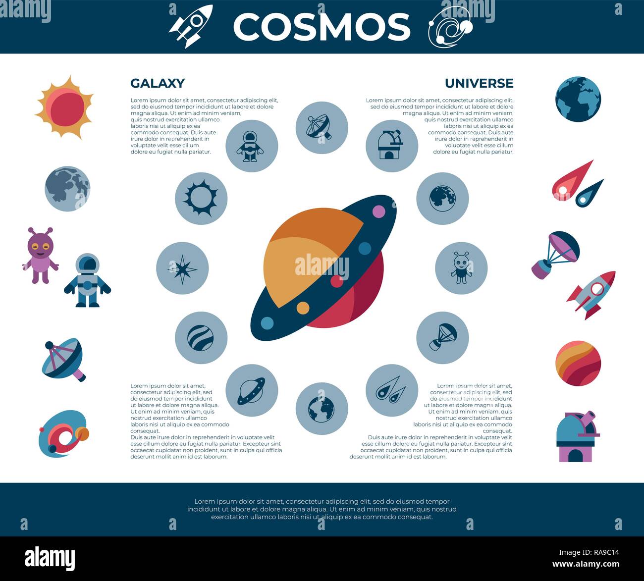 Digital vector space galaxy and universe icons set, flat style ...