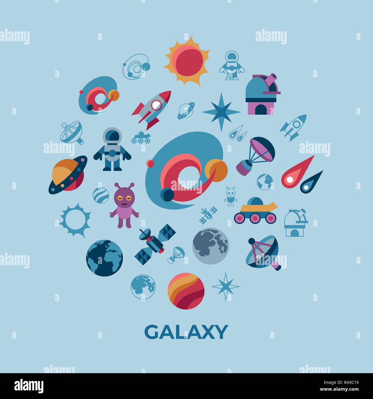 Digital vector space galaxy and universe icons set, flat style ...