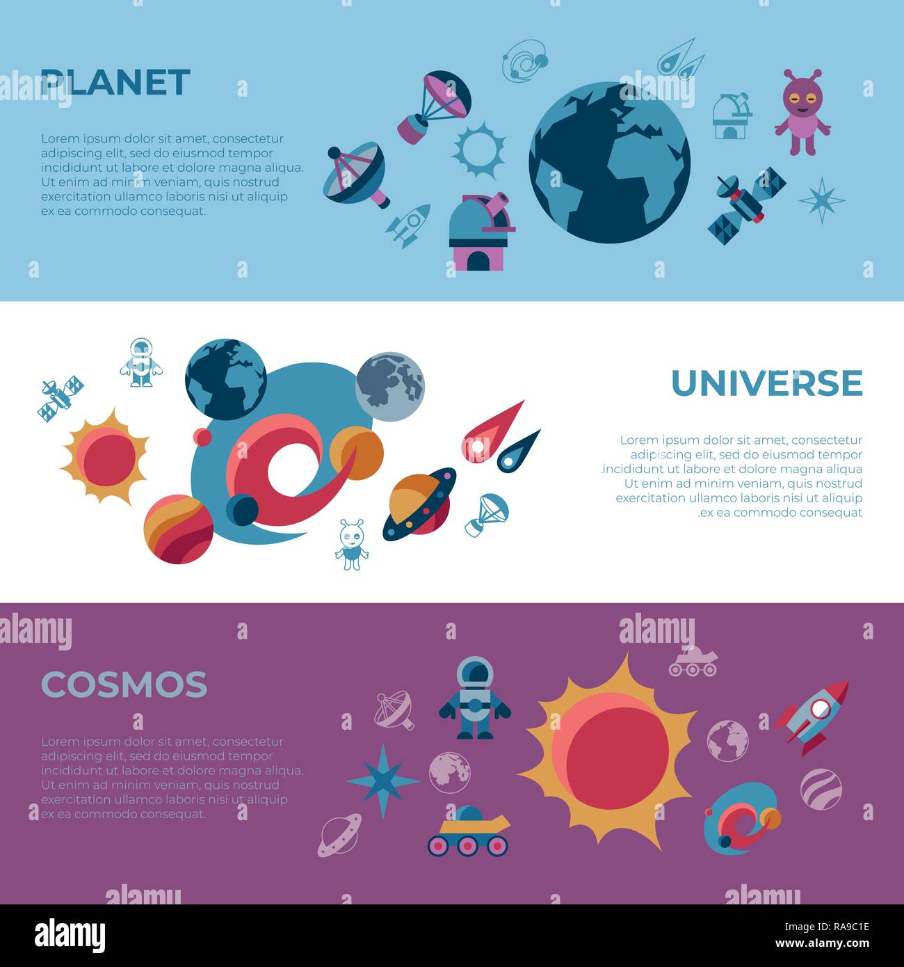 Digital vector space galaxy and universe icons set, flat style ...