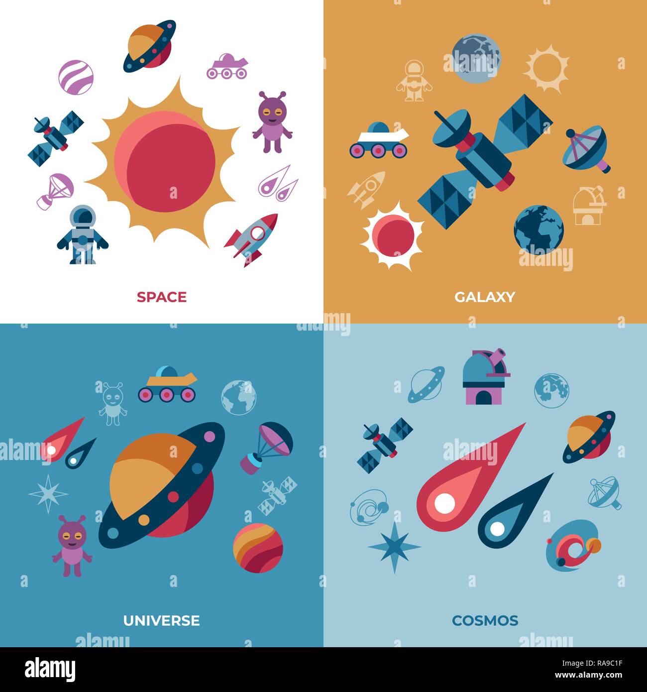Digital vector space galaxy and universe icons set, flat style ...