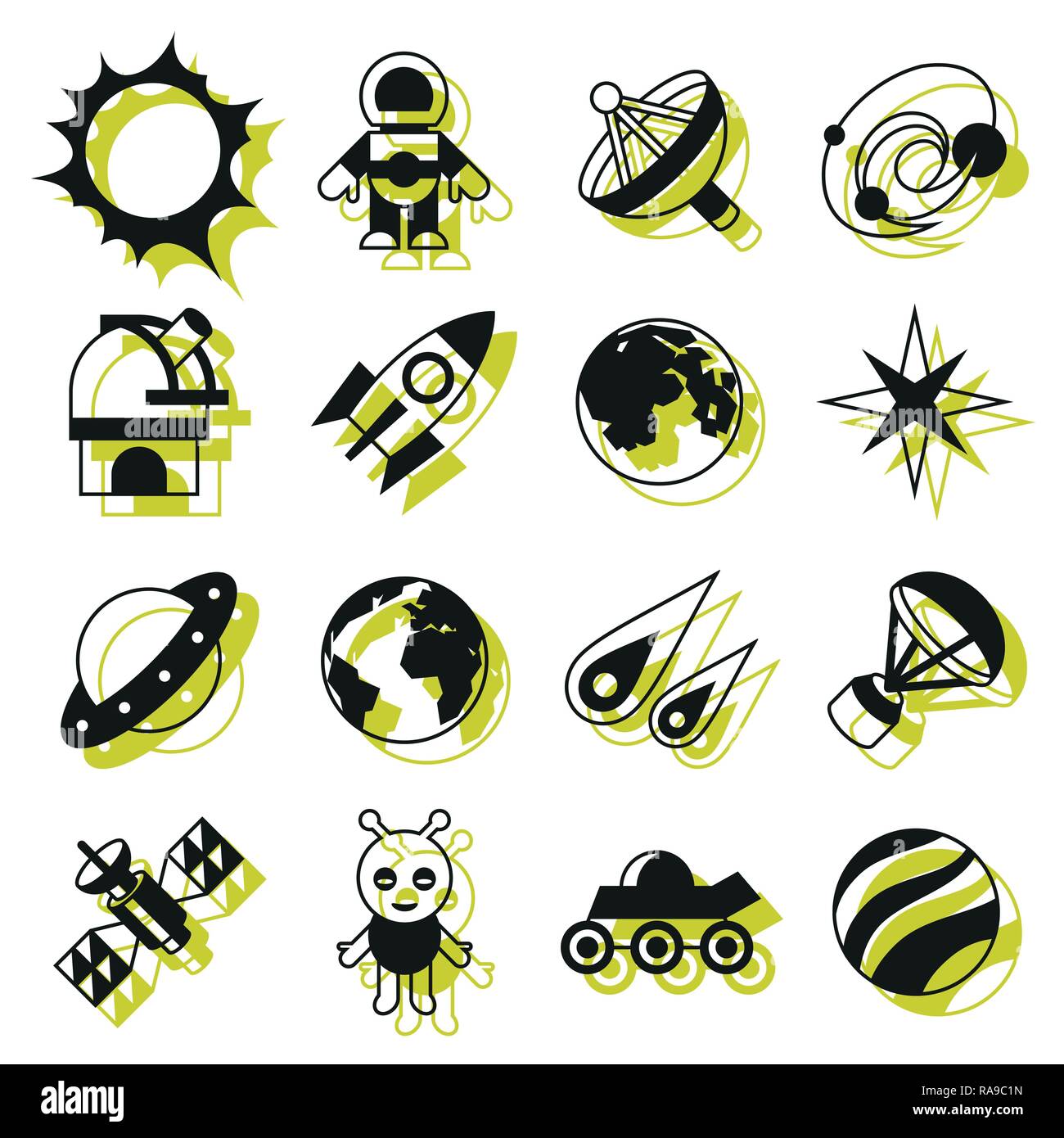 Digital vector space galaxy and universe icons set, flat style ...
