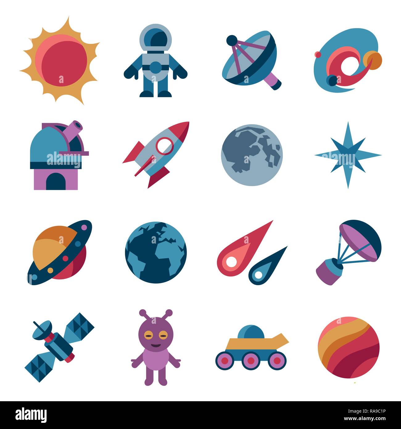 Digital vector space galaxy and universe icons set, flat style ...