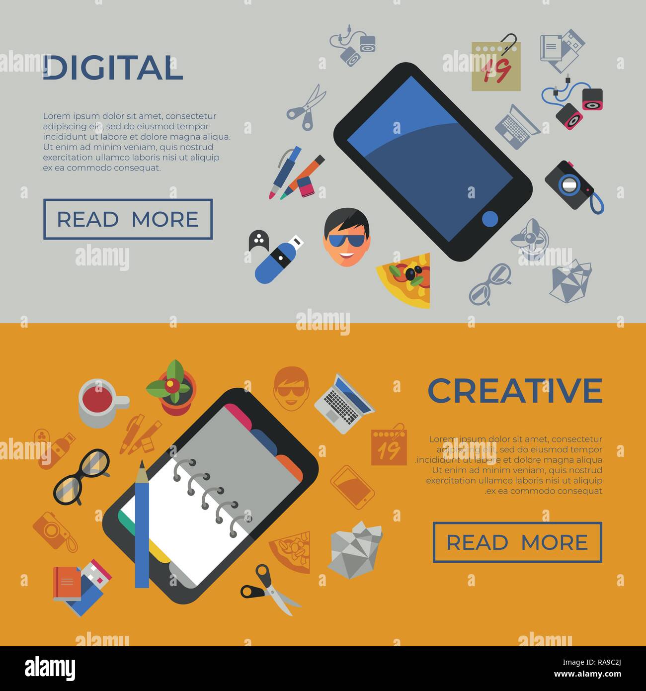 Digital vector freelance creative workplace icons set, flat style ...
