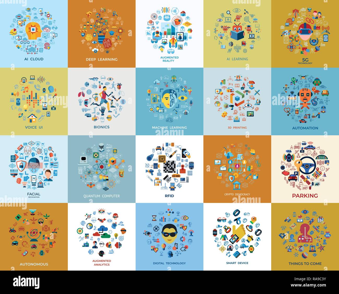 Digital vector technological innovation icons set, flat style ...