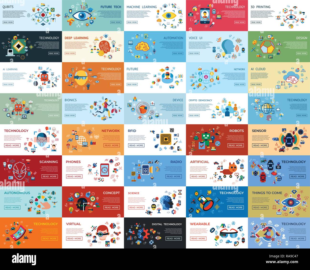 Digital vector technological innovation icons set, flat style ...