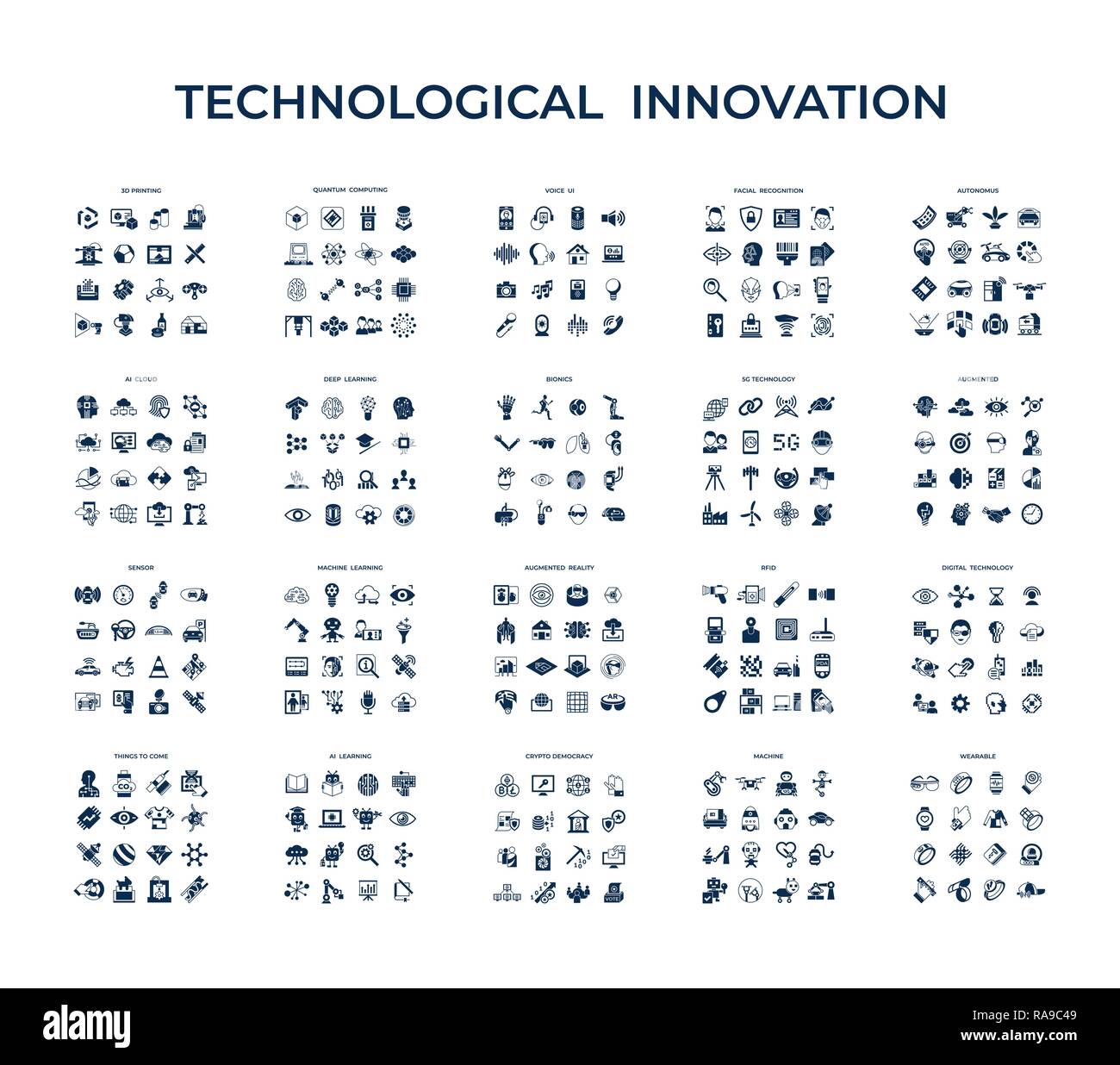 Digital vector technological innovation icons set, flat style ...