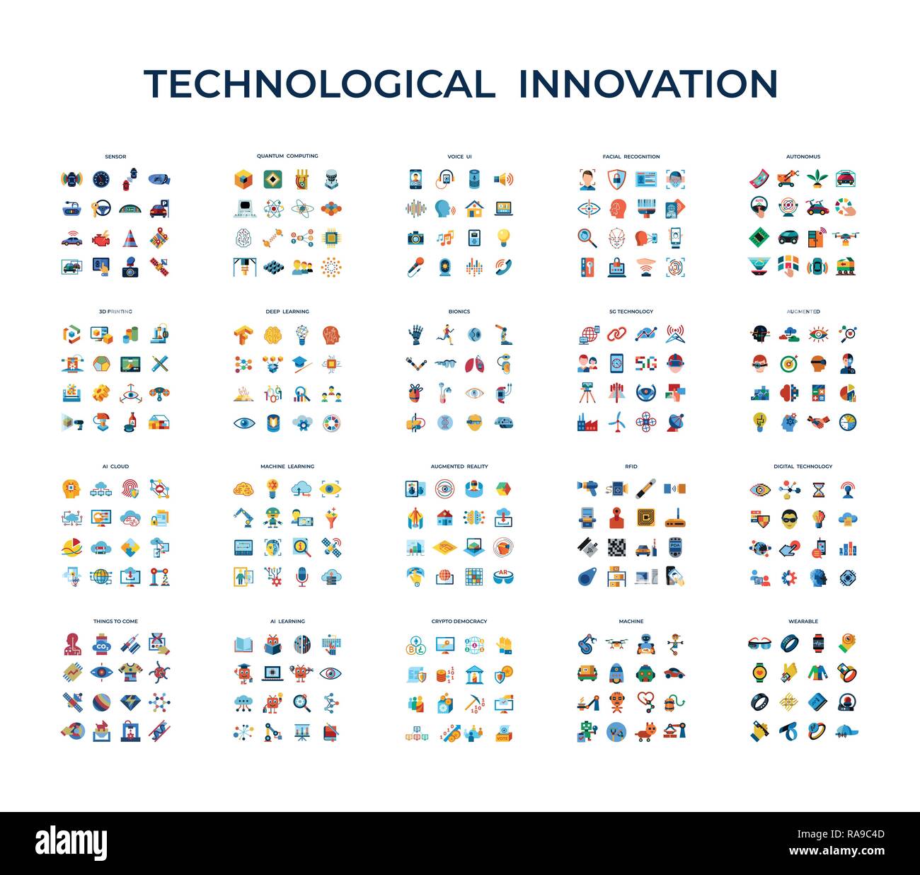 Digital vector technological innovation icons set, flat style ...