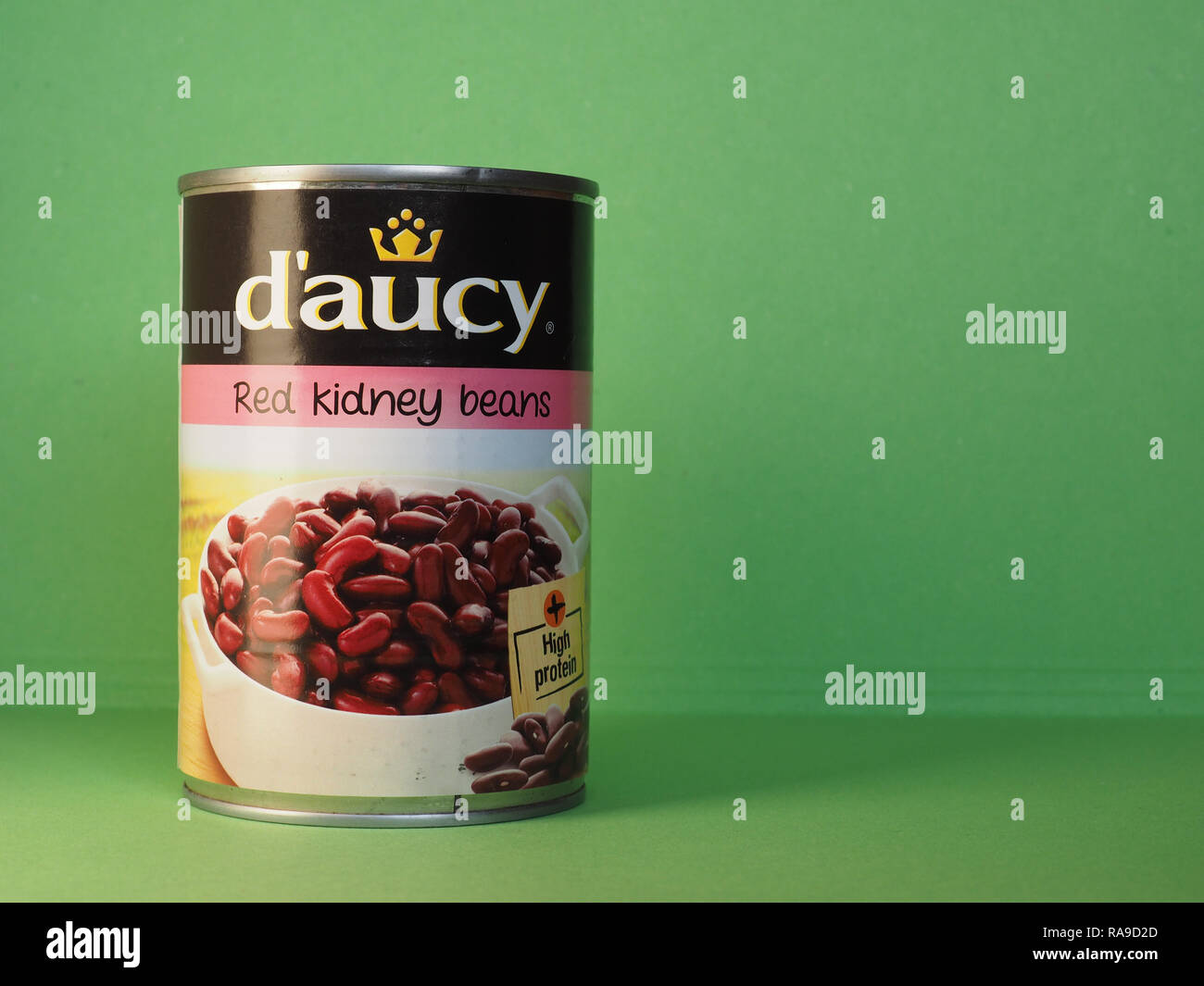 PARIS, FRANCE - CIRCA DECEMBER 2018: D'Aucy red kidney beans tin can ...
