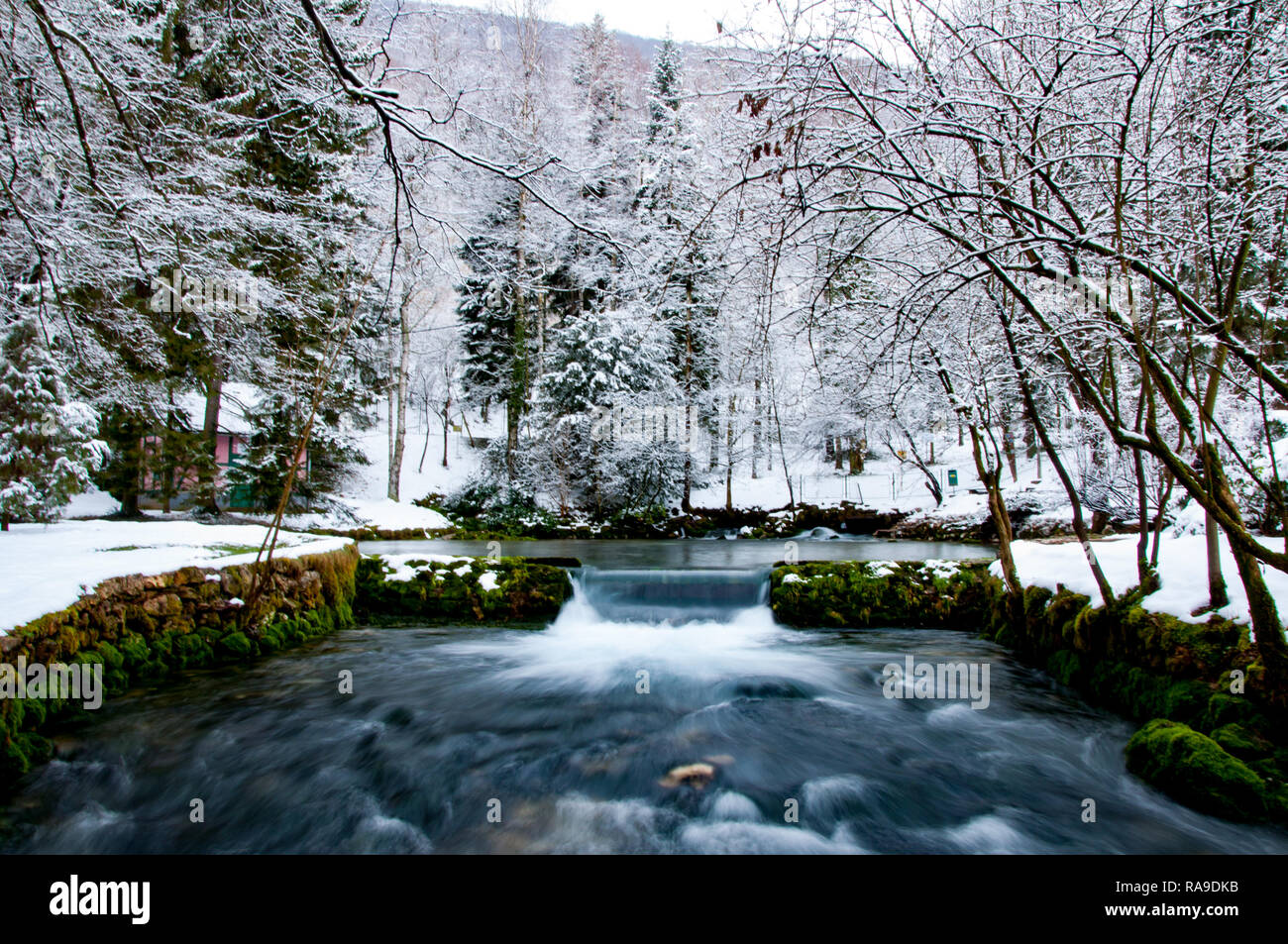 Vrelo Bosne natural winter landscape in Sarajevo. Famous touristic ...