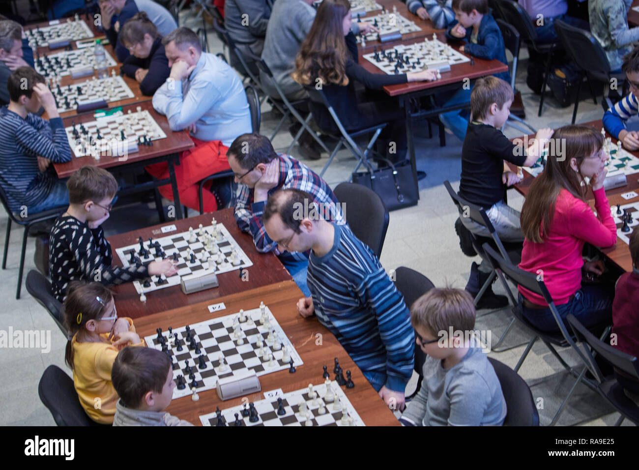 St. Petersburg, Russia - December 29, 2018: People playing chess in the ...
