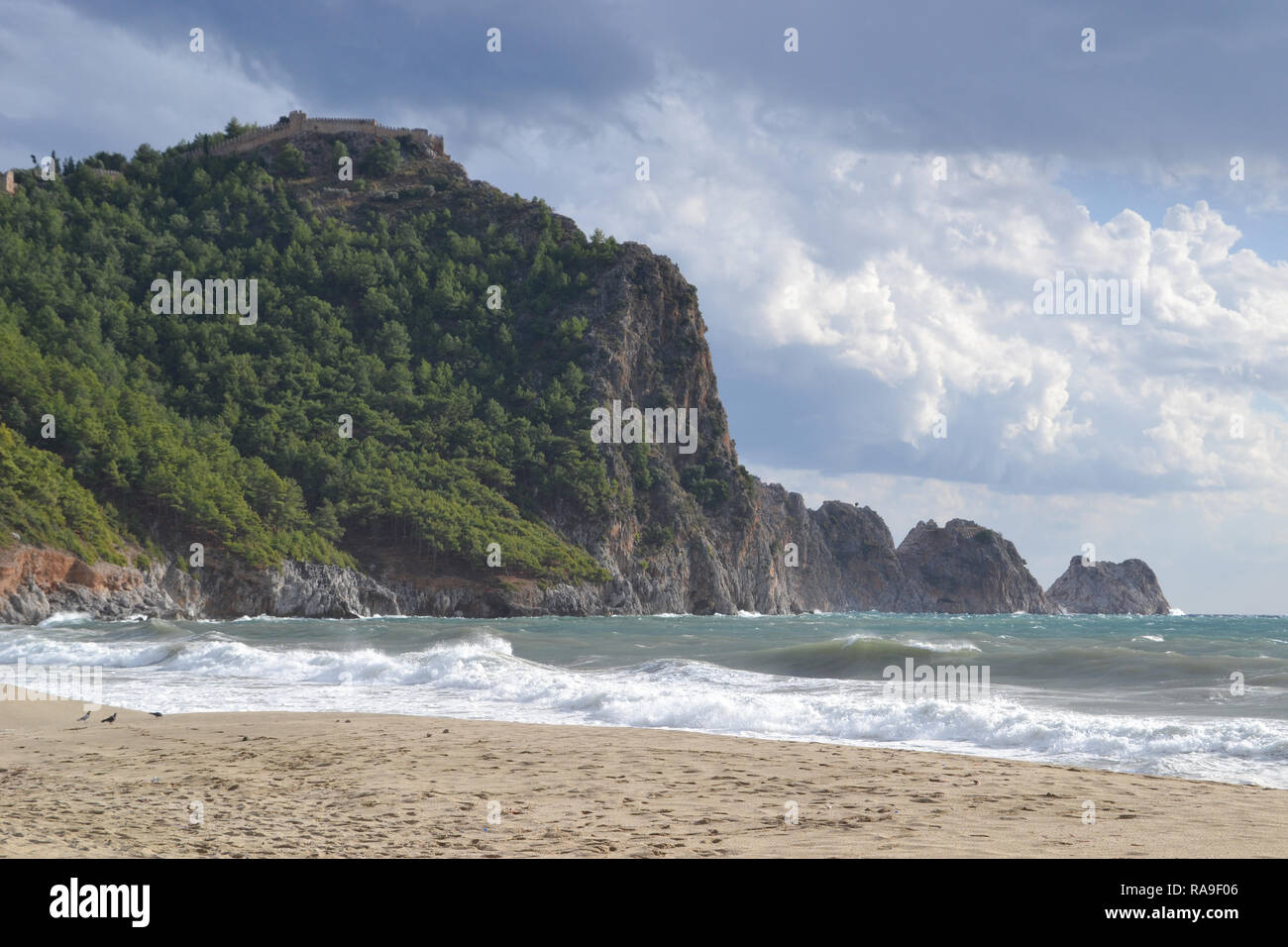 Beautiful bay of Cleopatra beach in Alanya Turkey , windy day, big ...