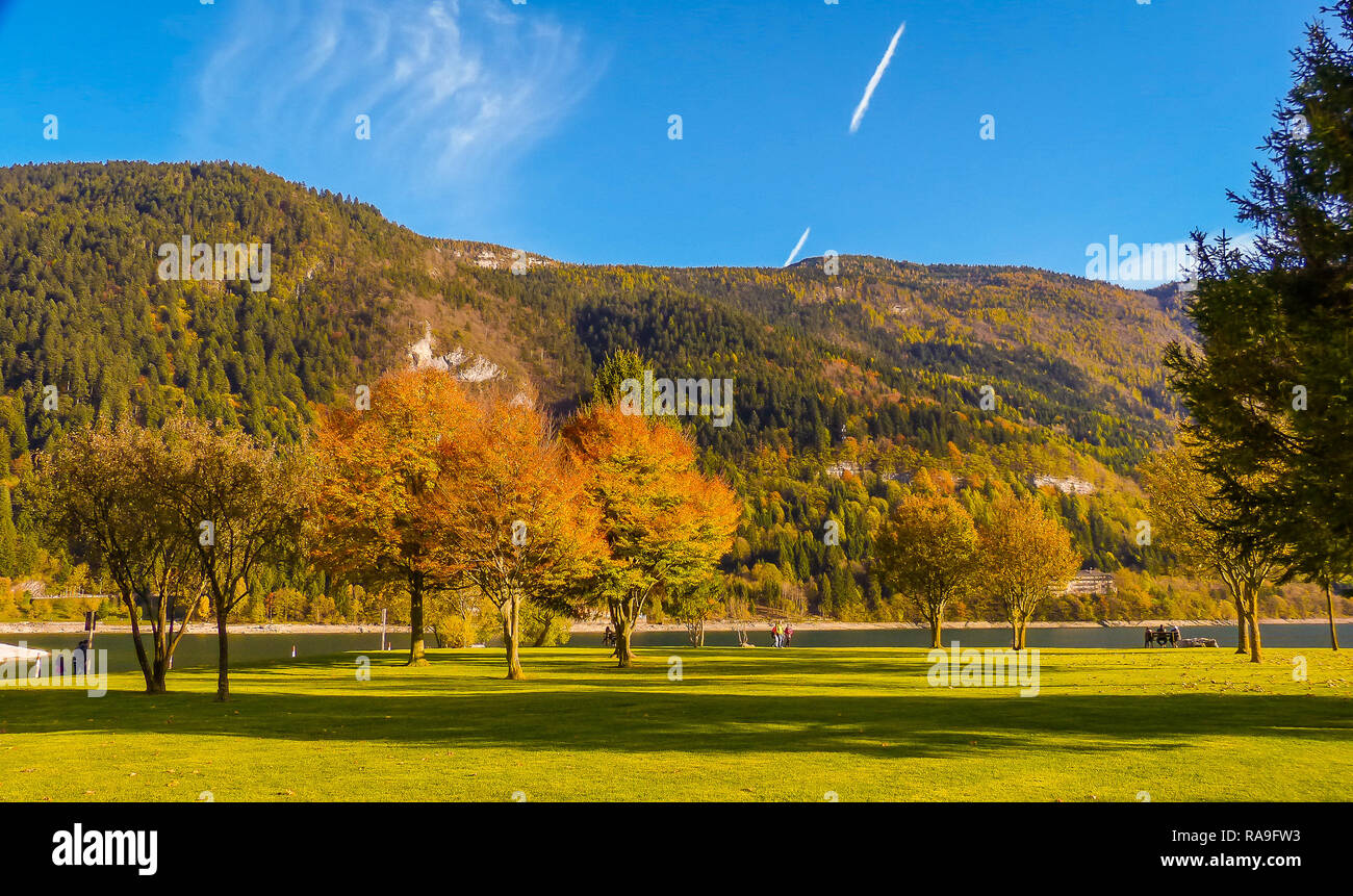 Lake Molveno,Trentino Alto Adige, northern Italy. The lake is elected ...