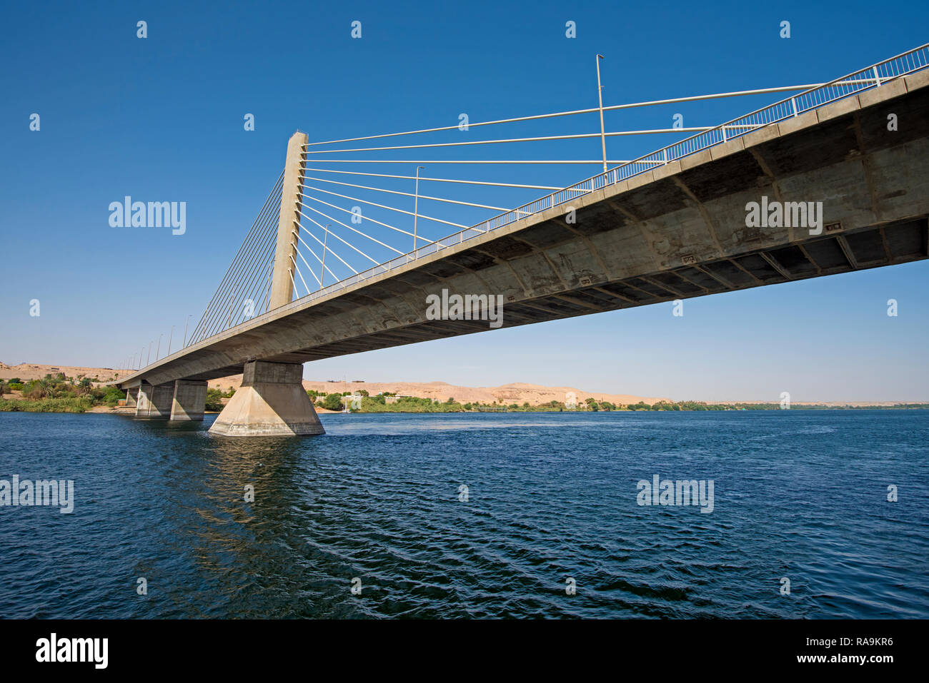 Large cable stayed road bridge spanning a wide Nile river on a clear ...