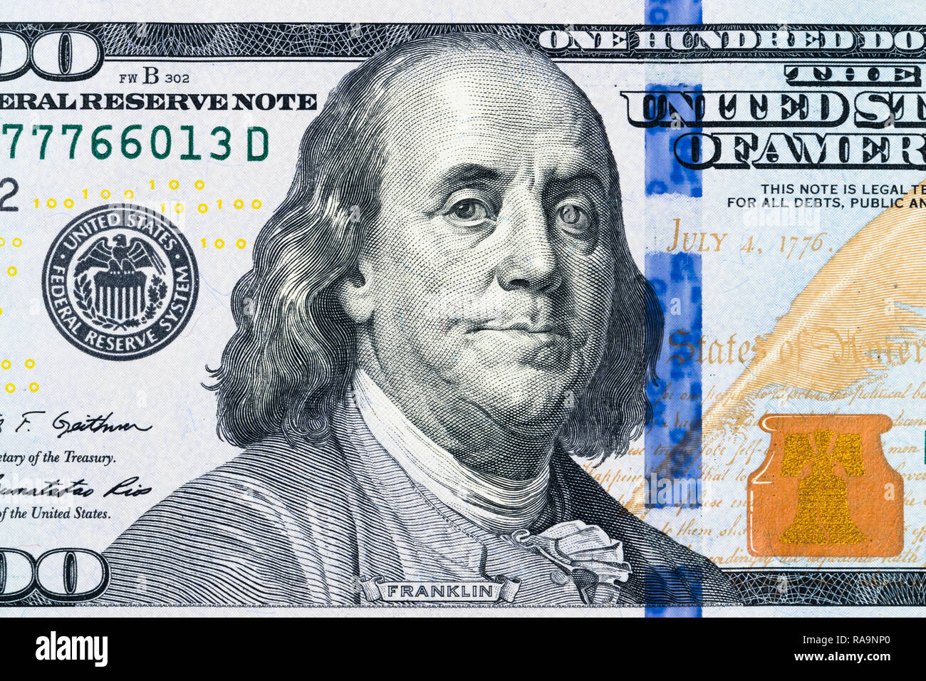 Close Up Overhead View Of Benjamin Franklin Face On 100 Us Dollar Bill