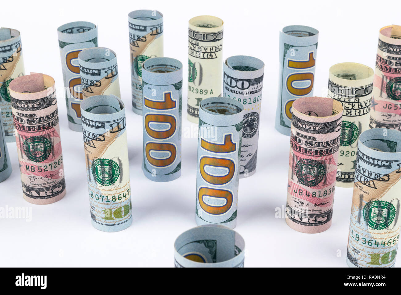 Dollar. Dollar banknotes roll in other positions. American US currency ...