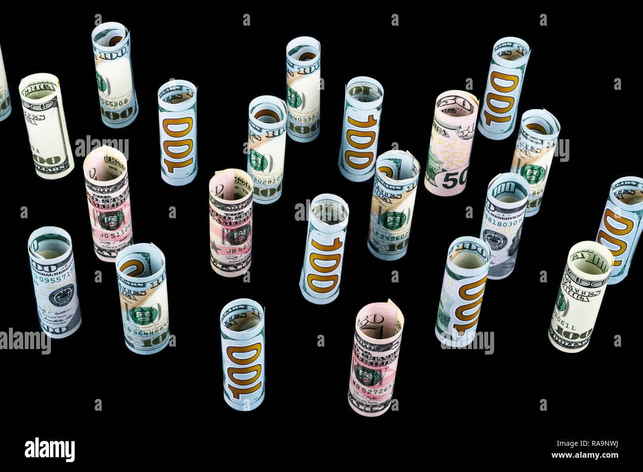 Dollar. Dollar banknotes roll in other positions. American US currency ...