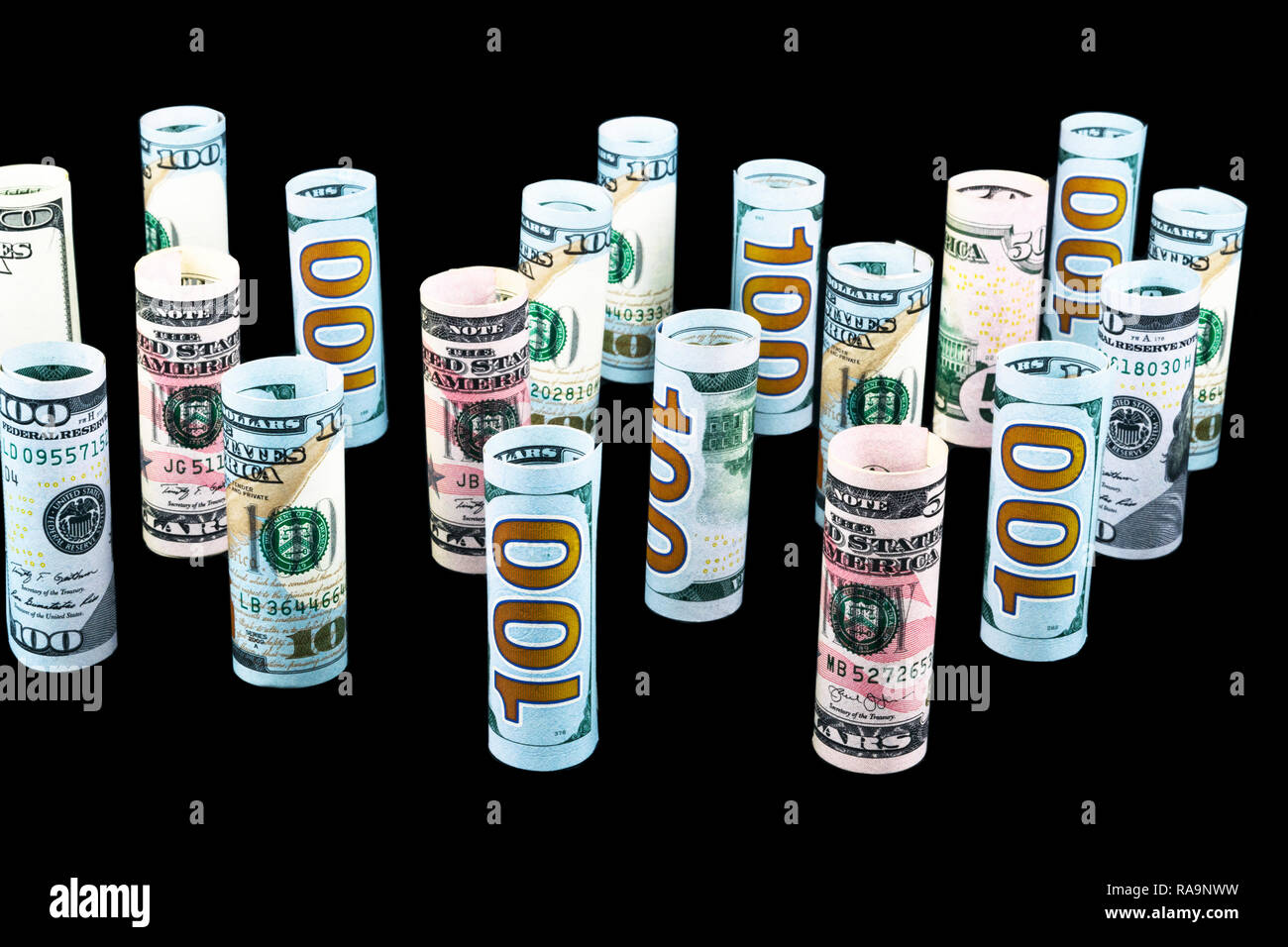 Dollar. Dollar banknotes roll in other positions. American US currency ...