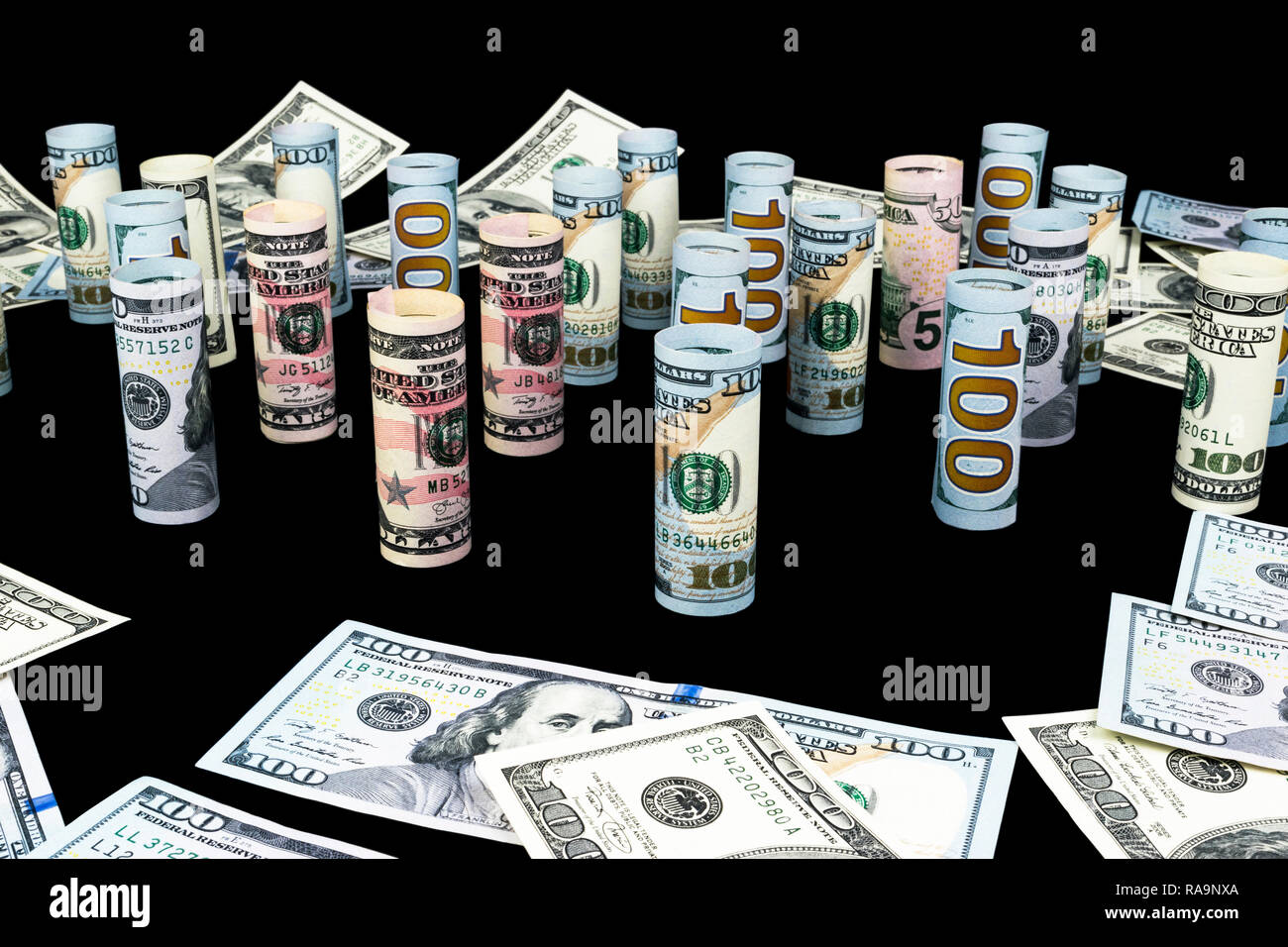 Dollar. Dollar banknotes roll in other positions. American US currency ...