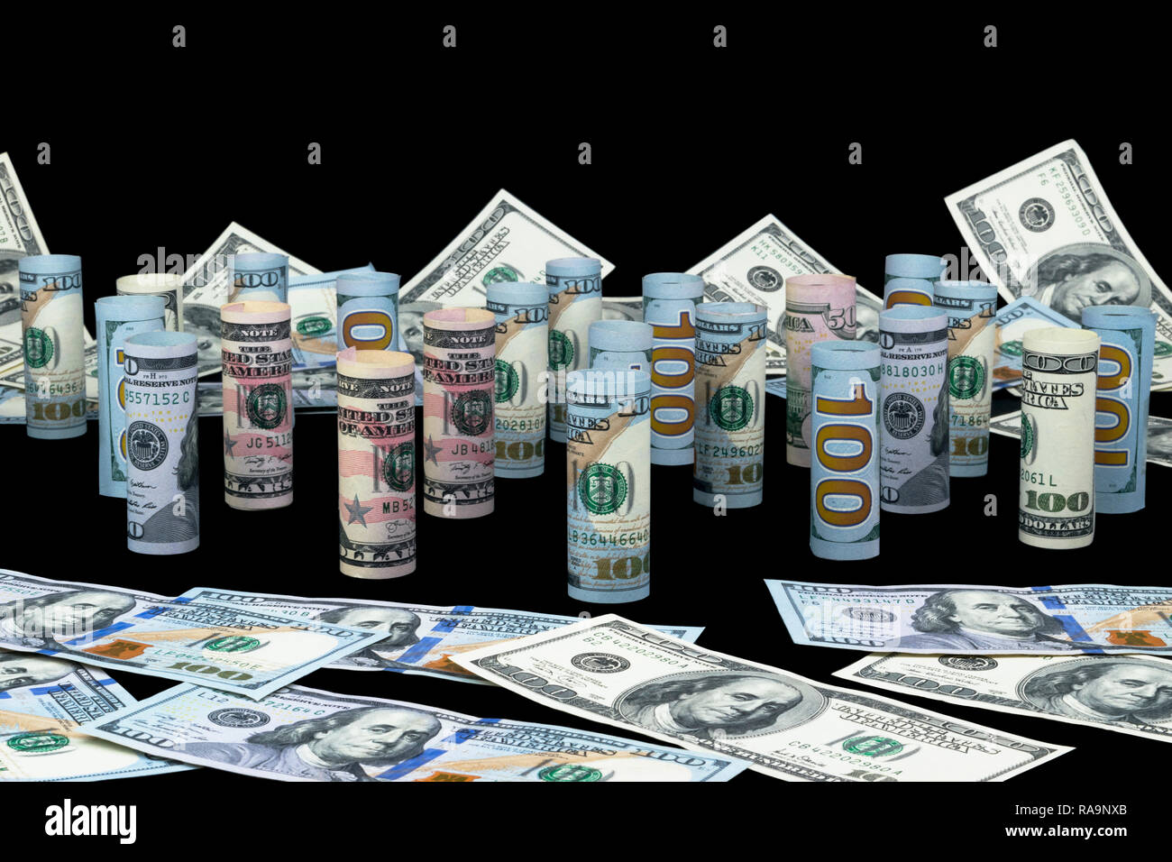 Dollar. Dollar banknotes roll in other positions. American US currency ...