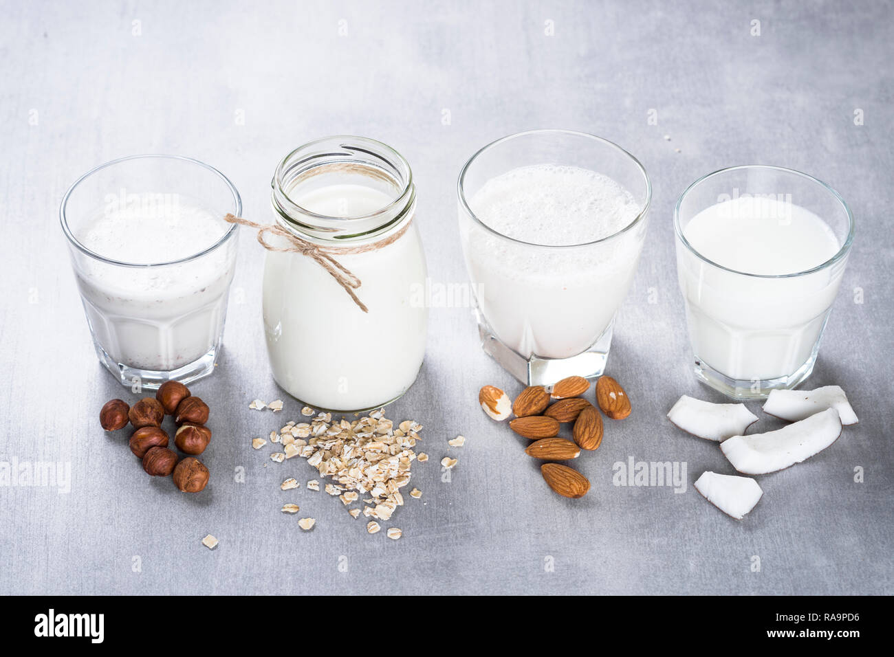 Vegan non dairy alternative milk. Coconut, almond, hazelnut, oat ...