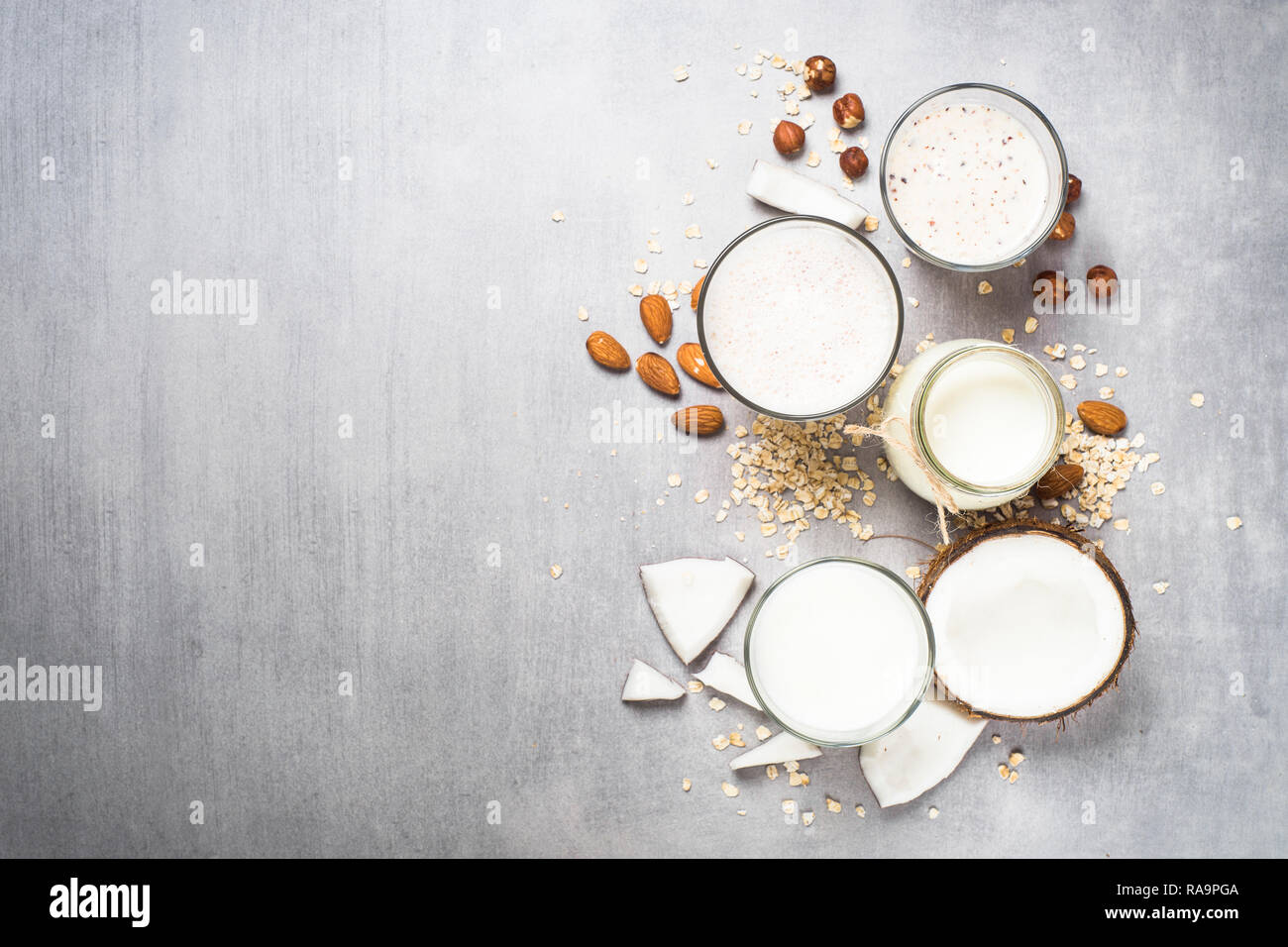 Vegan non dairy alternative milk. Coconut, almond, hazelnut, oat ...