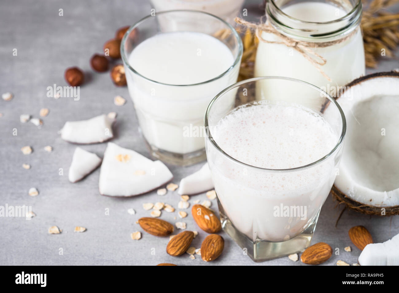 Vegan non dairy alternative milk. Coconut, almond, hazelnut, oat ...