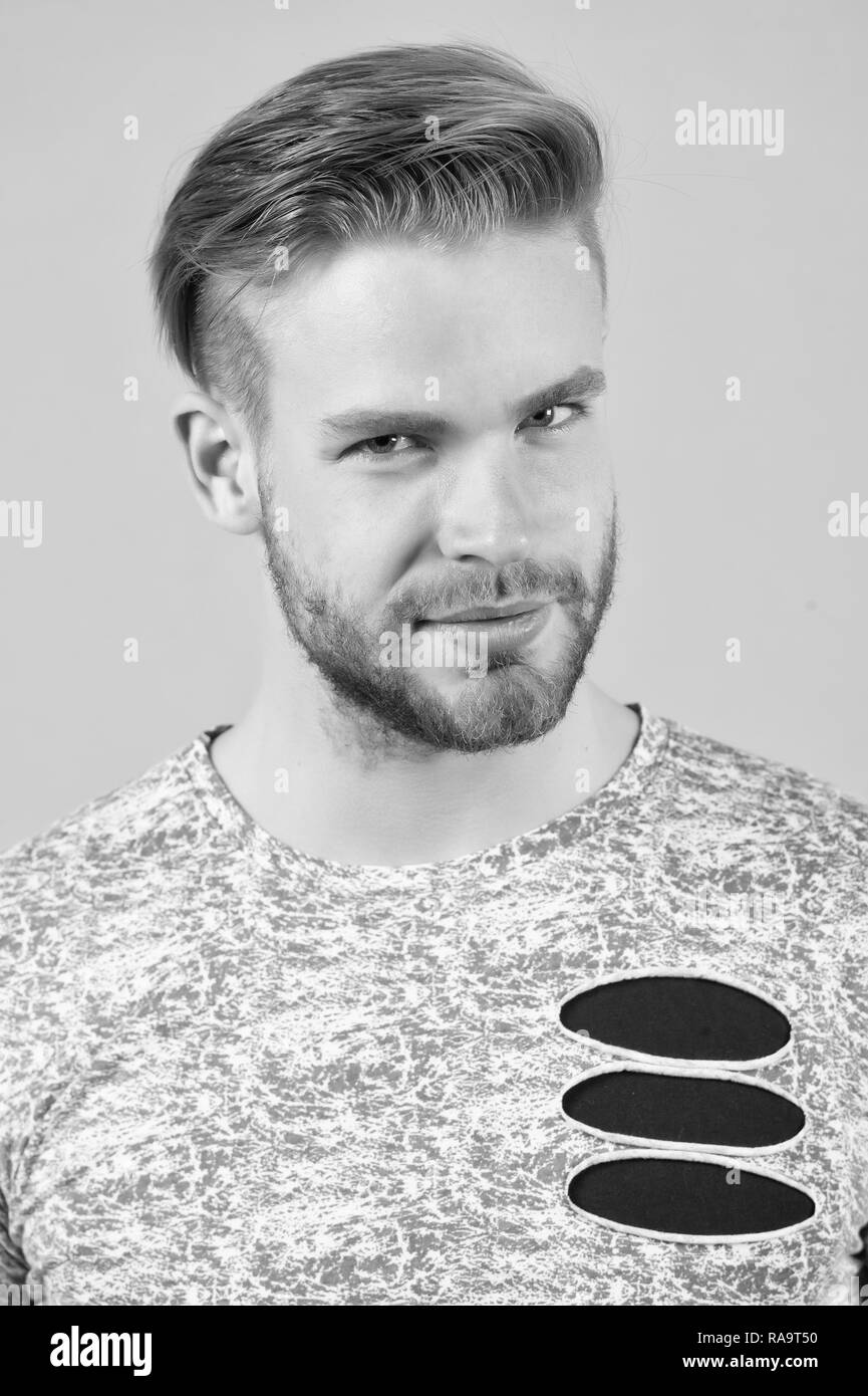 Male beauty concept. Man bearded unshaven guy in stylish shirt with ...