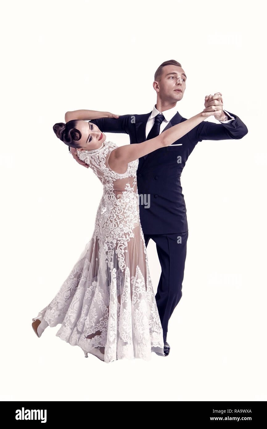 beautiful ballroom dance couple in a dance pose isolated on white ...