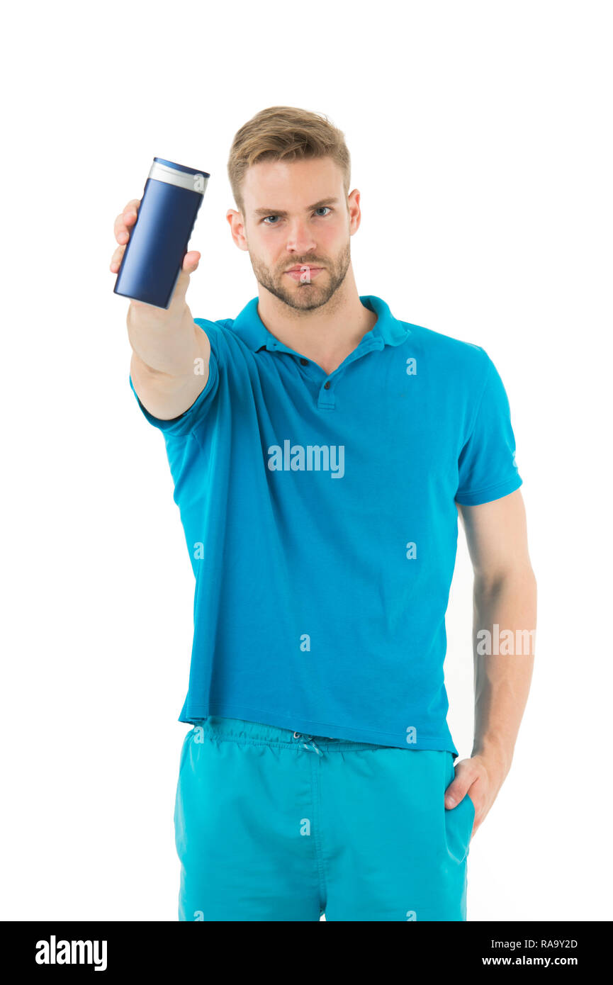 Guy Handsome Use Popular Cosmetic Or Hygienic Shampoo Product Man Show