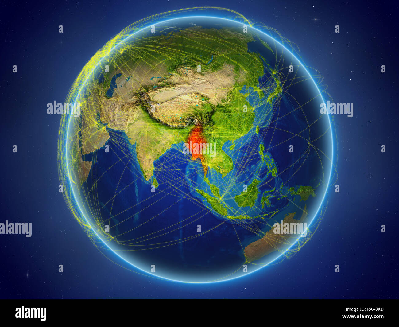 Myanmar from space on planet Earth with digital network representing ...