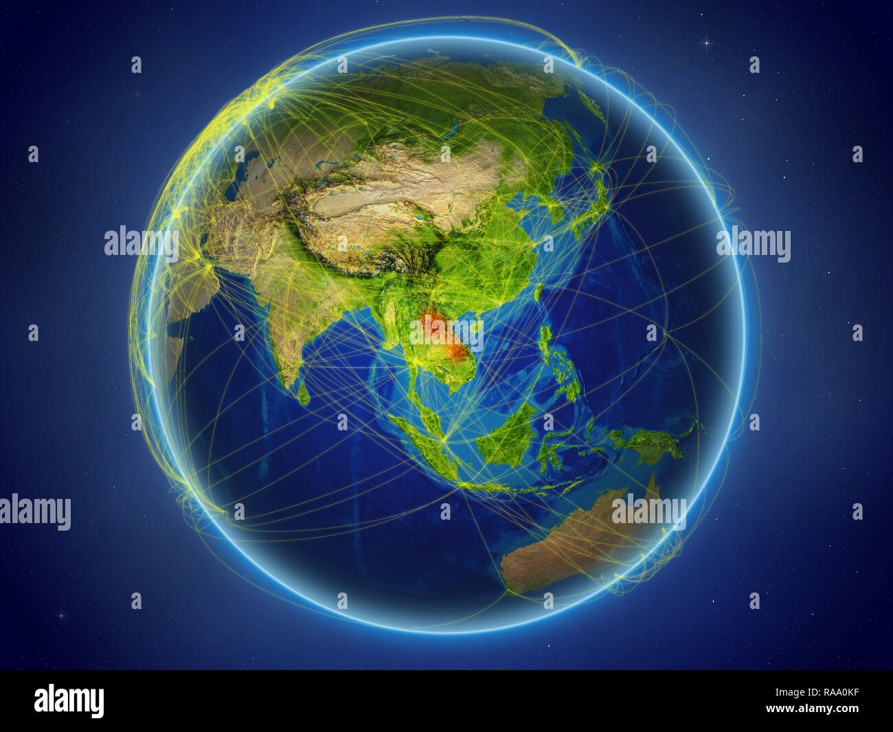 Laos from space on planet Earth with digital network representing ...