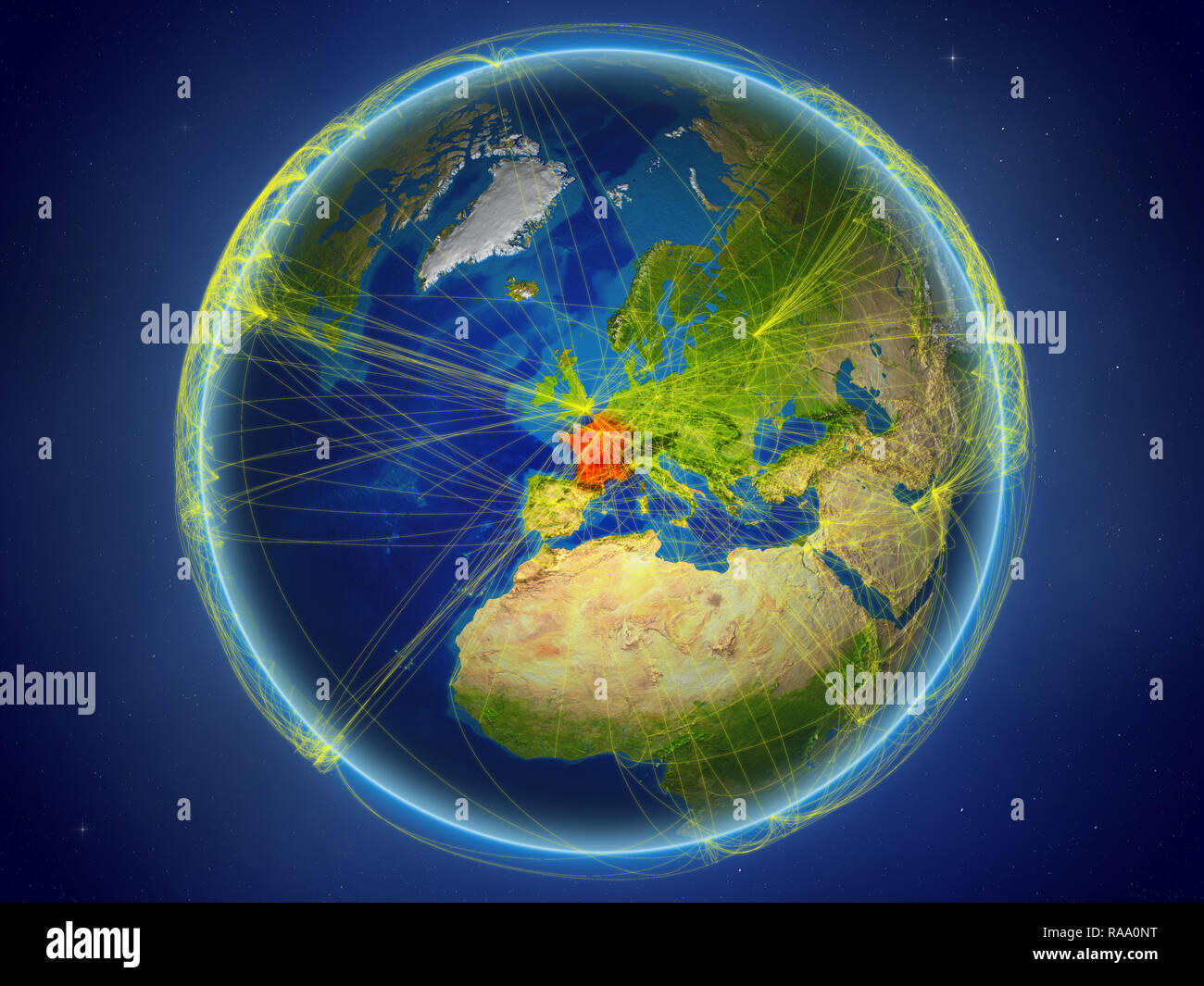 France from space on planet Earth with digital network representing ...