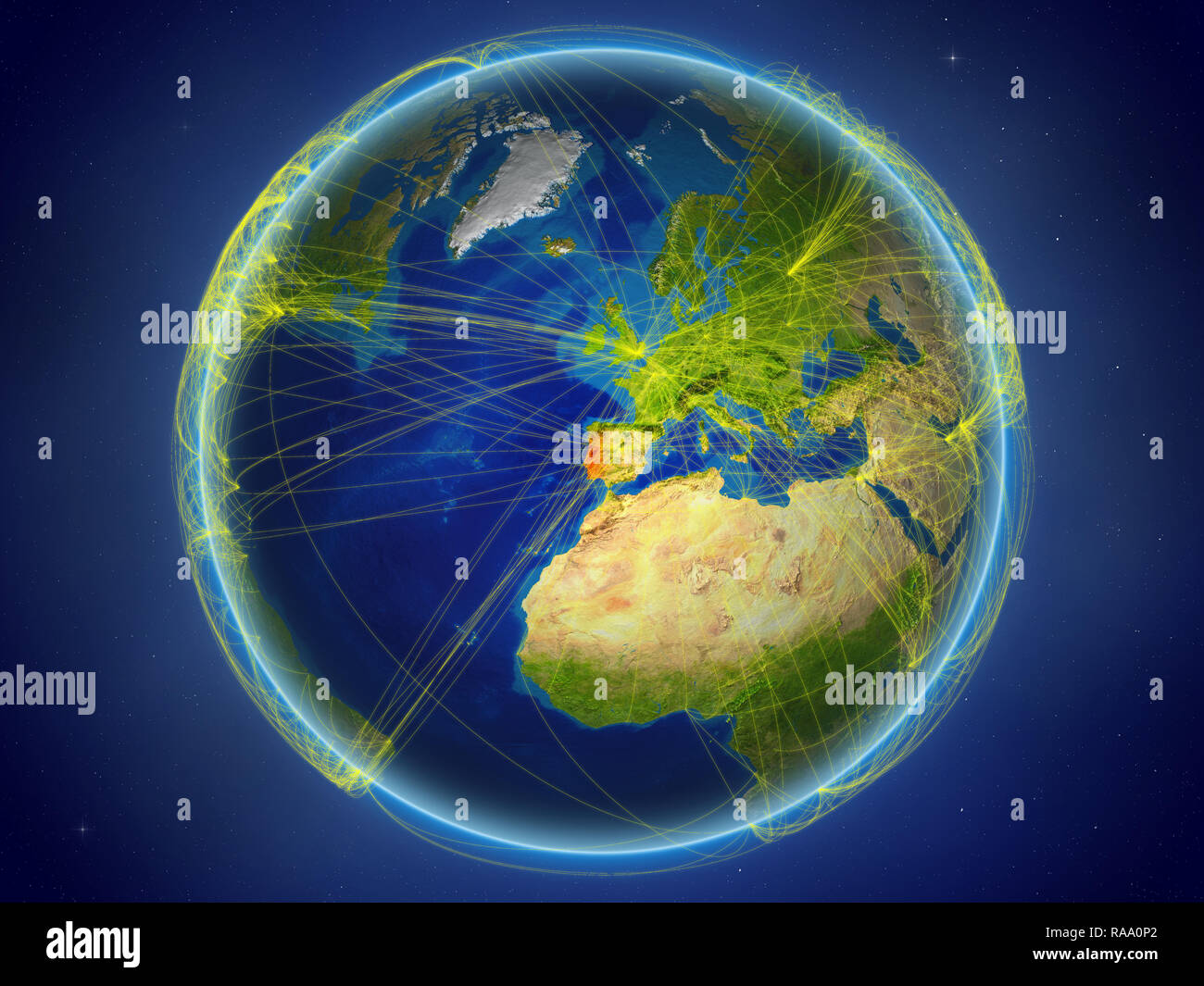 Portugal from space on planet Earth with digital network representing ...