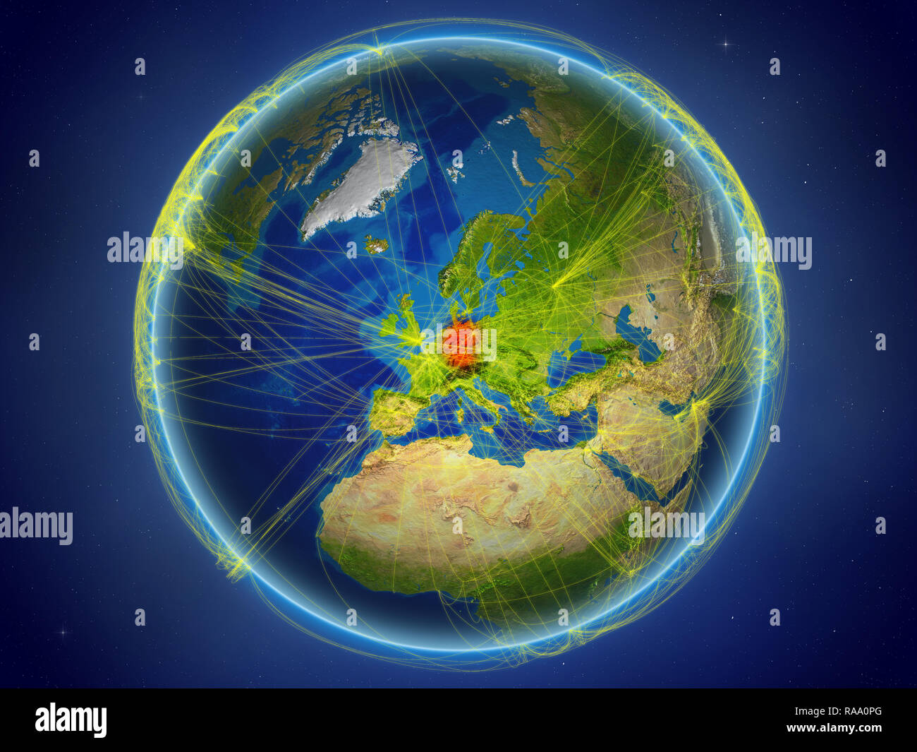 Germany from space on planet Earth with digital network representing ...