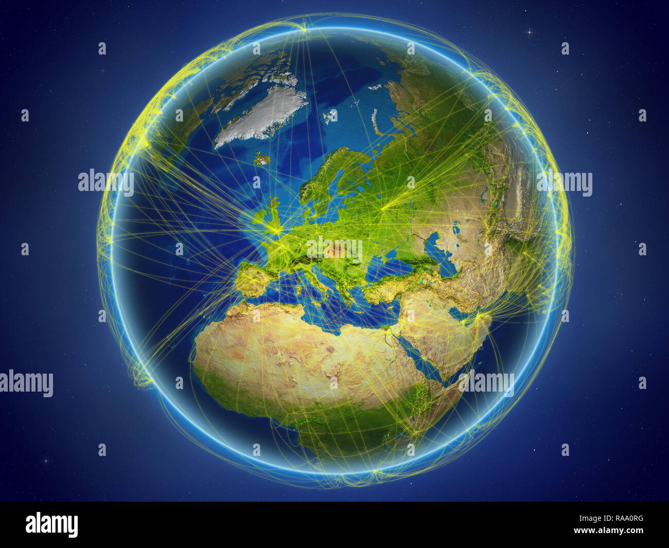 Slovakia from space on planet Earth with digital network representing ...