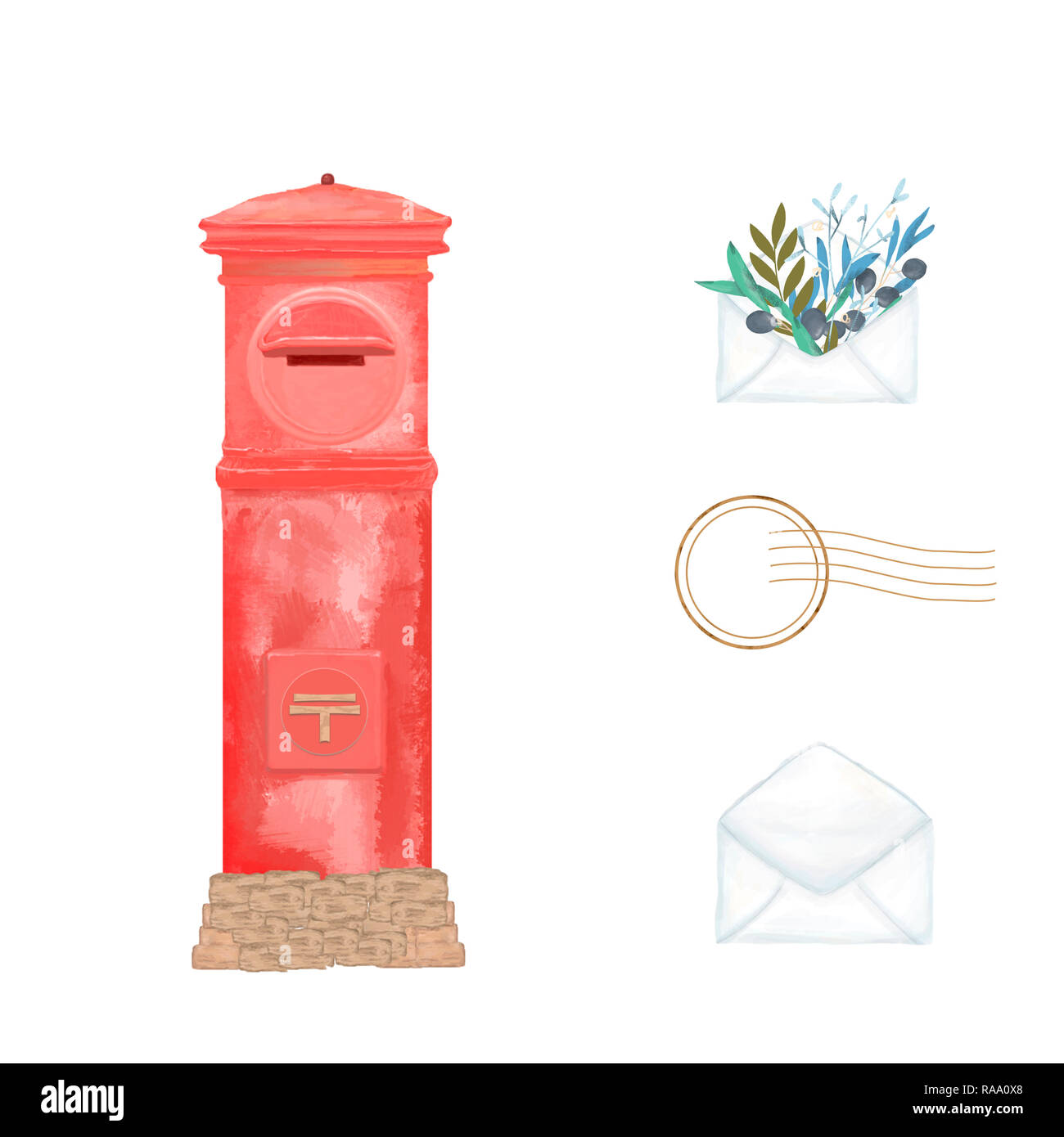 Vintage japan mailbox for letter. Retro style watercolor brush ...