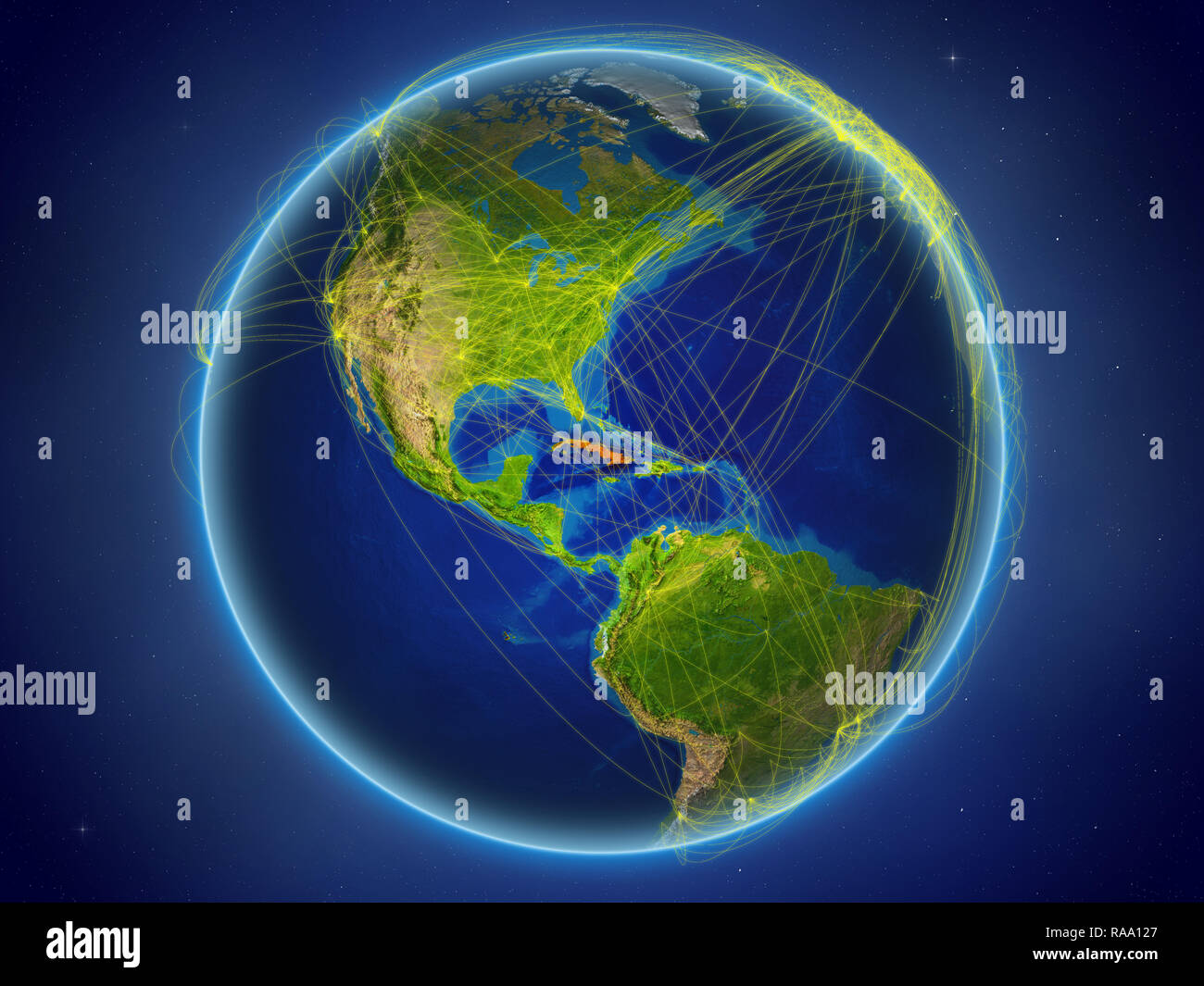 Cuba from space on planet Earth with digital network representing ...