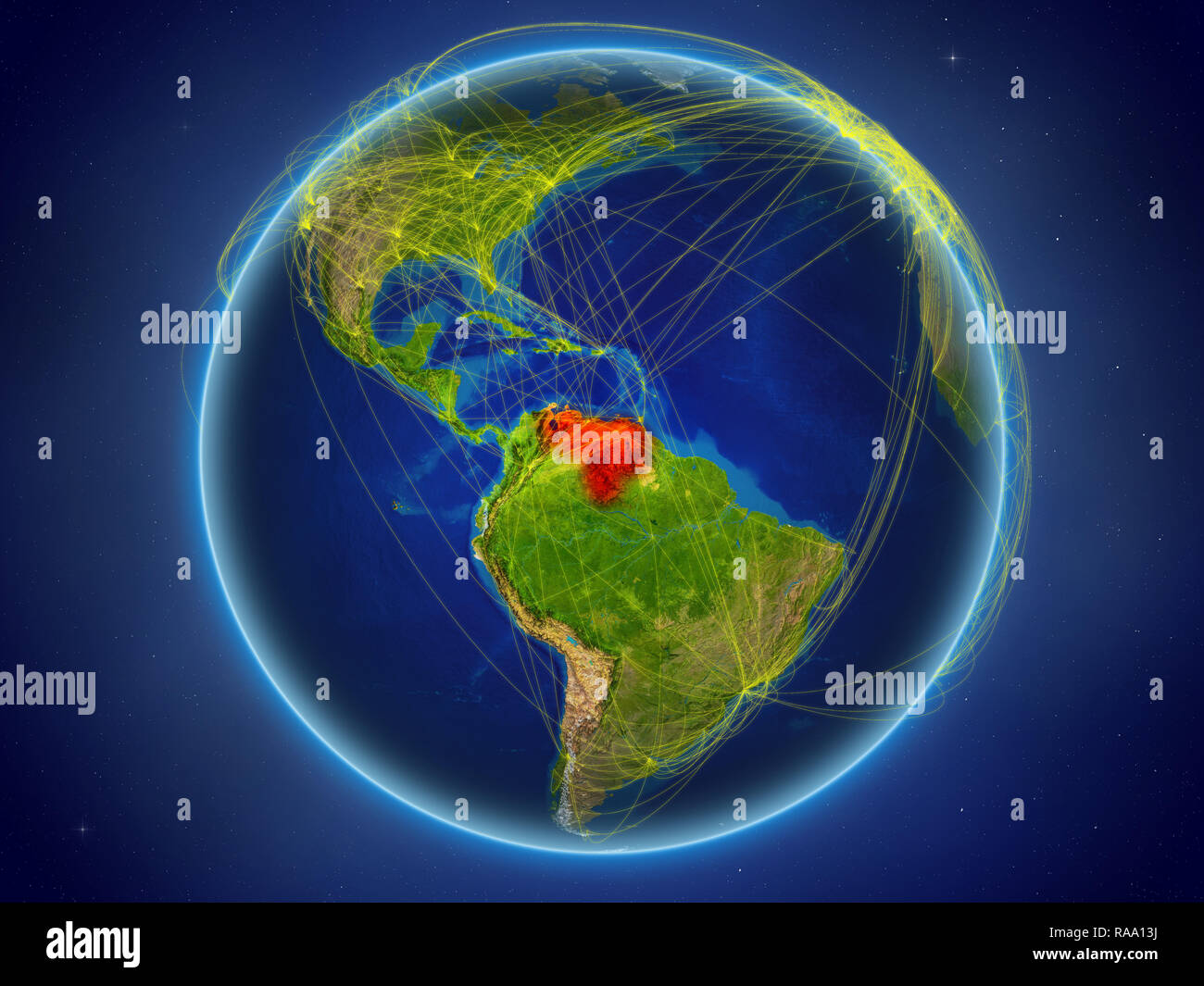 Venezuela from space on planet Earth with digital network representing ...