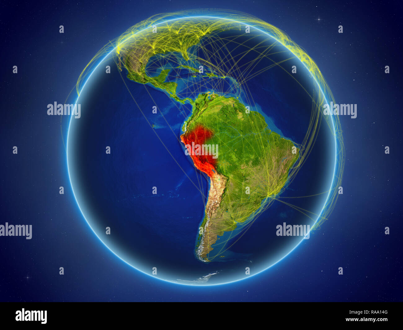 Peru from space on planet Earth with digital network representing ...