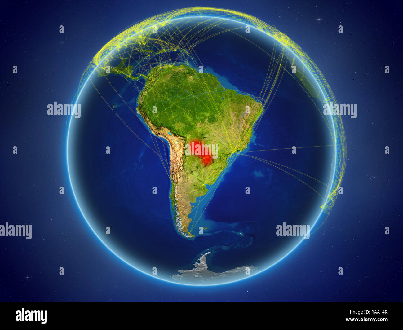 Paraguay from space on planet Earth with digital network representing ...