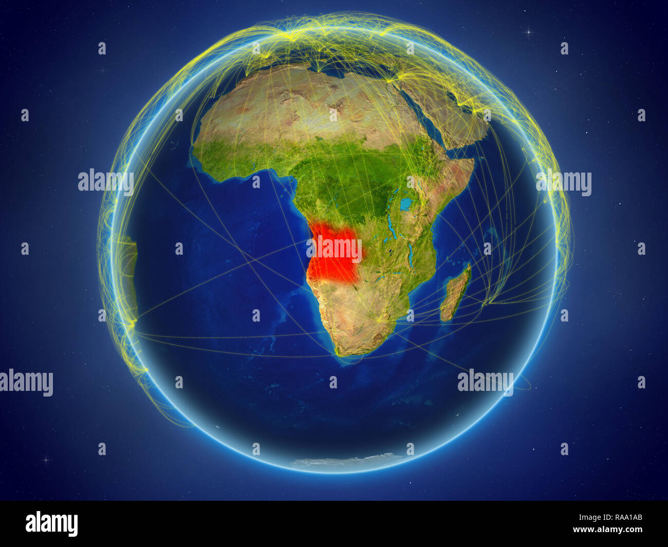 Angola from space on planet Earth with digital network representing ...