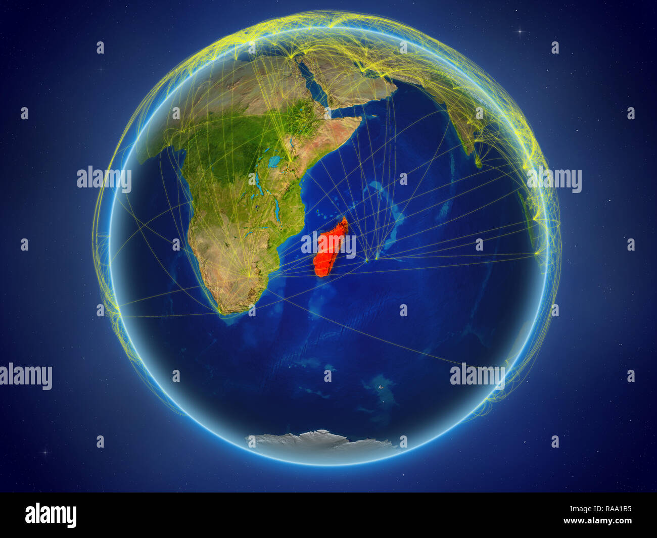Madagascar from space on planet Earth with digital network representing ...