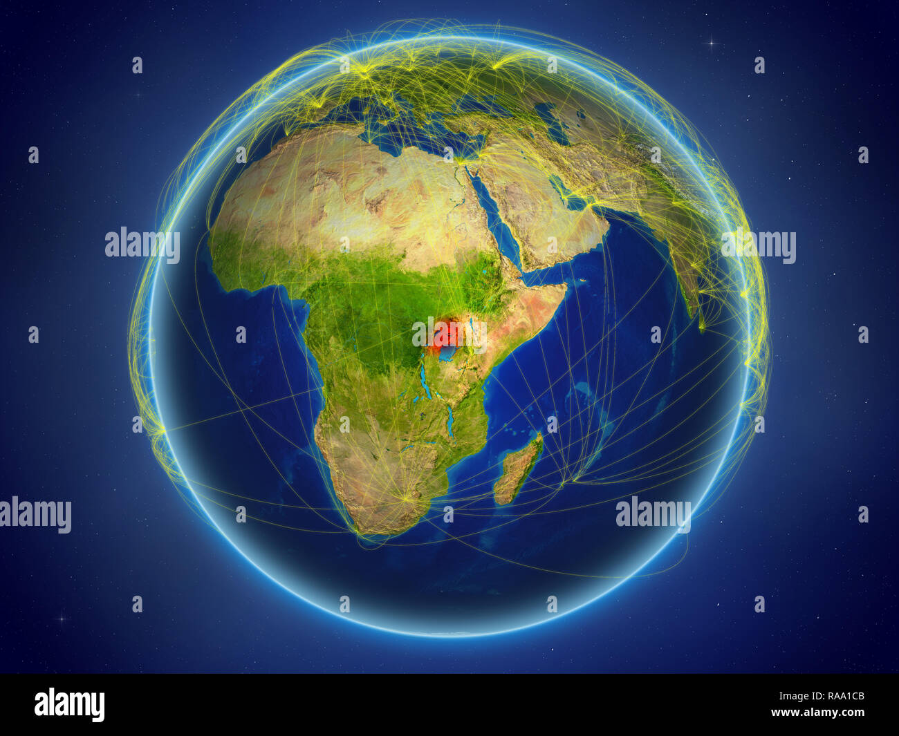 Uganda from space on planet Earth with digital network representing ...