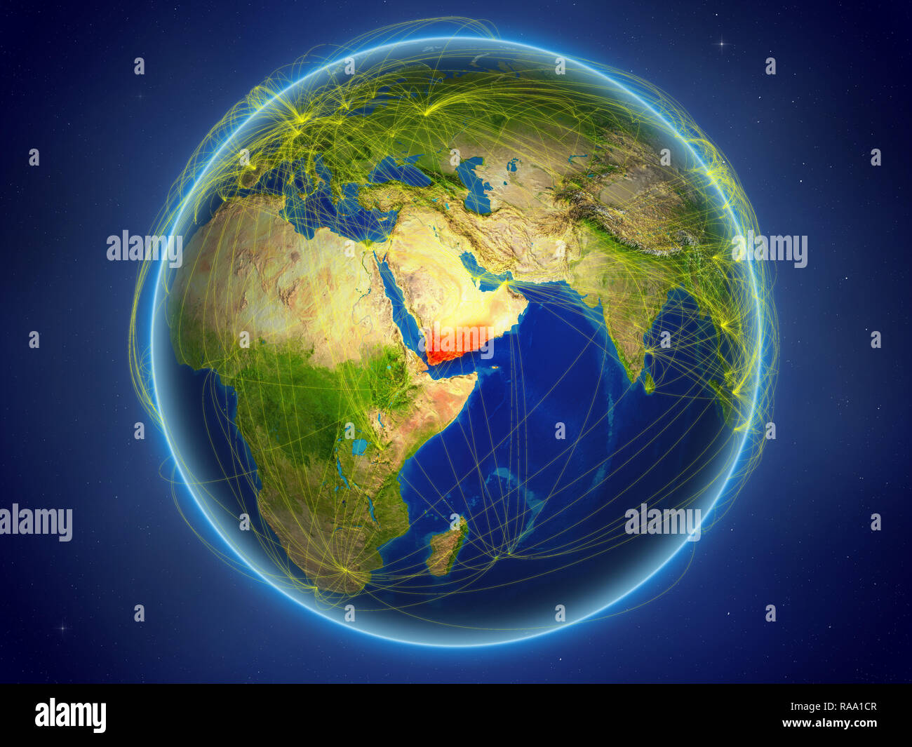 Yemen from space on planet Earth with digital network representing ...