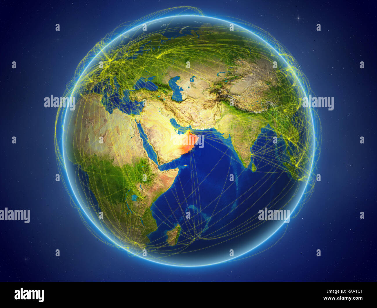 Oman from space on planet Earth with digital network representing ...